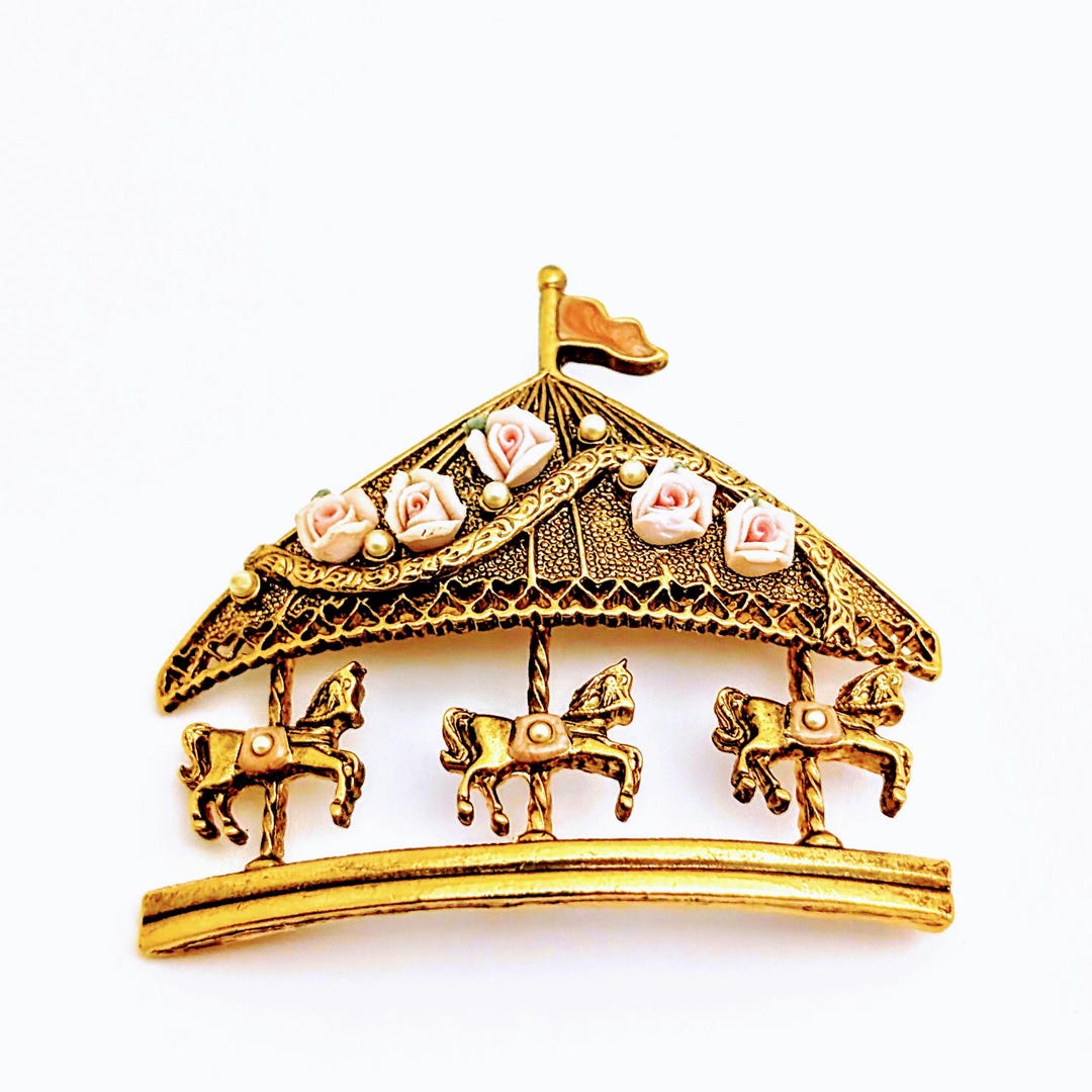 Vintage 1928 Pink Roses Carousel Brooch, Pink Pony Brooch, Valentine ...