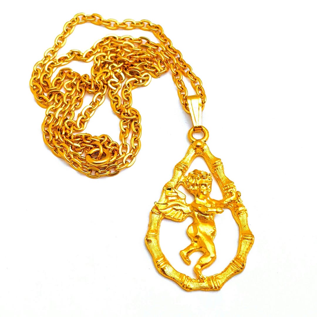 Vintage Long Gold Chain Cupid Necklace, Vintage Gold Plated Winged ...