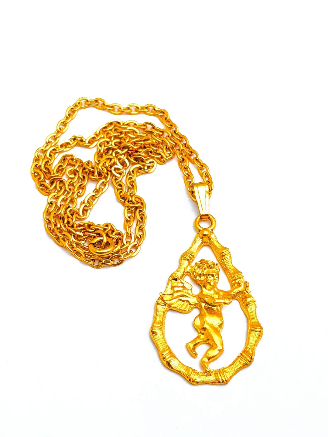 Vintage Long Gold Chain Cupid Necklace, Vintage Gold Plated Winged ...