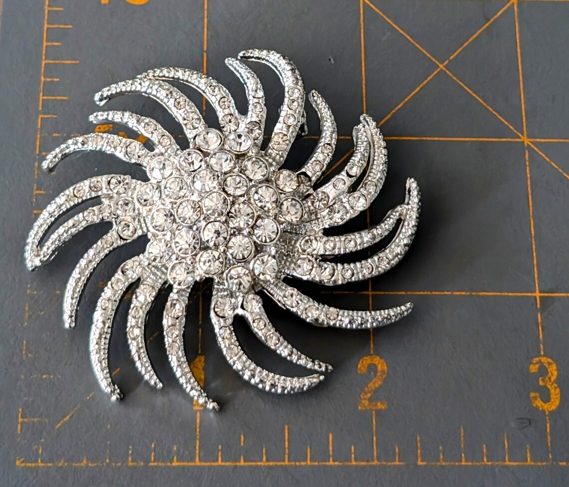 Silver Rhinestone Sunburst Spiral Brooch, Silver Rhinestone Sun Brooch ...