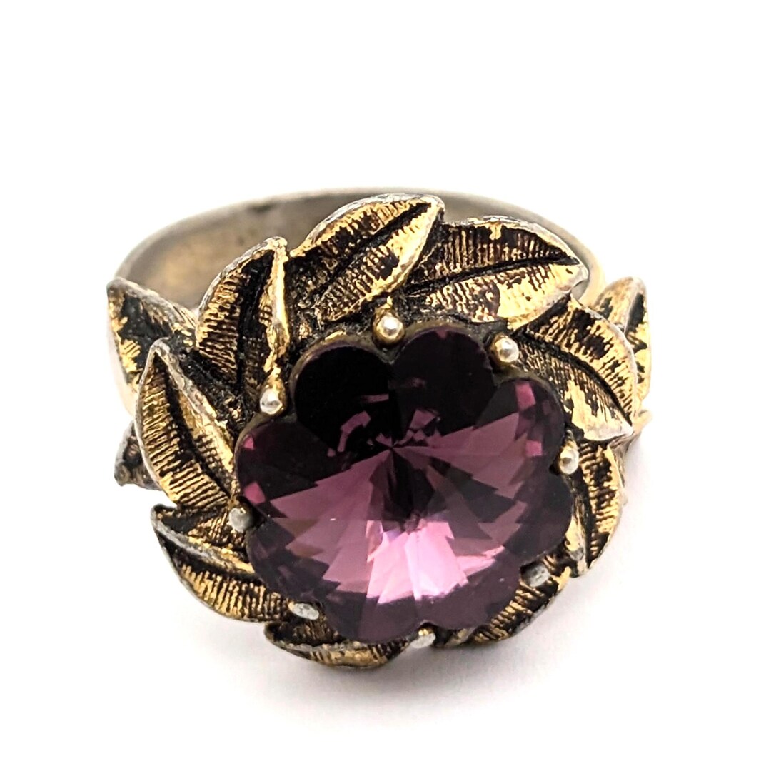 Antique Gold Plated Amethyst Glass Stone Ring, Czech Jewelry, Art ...