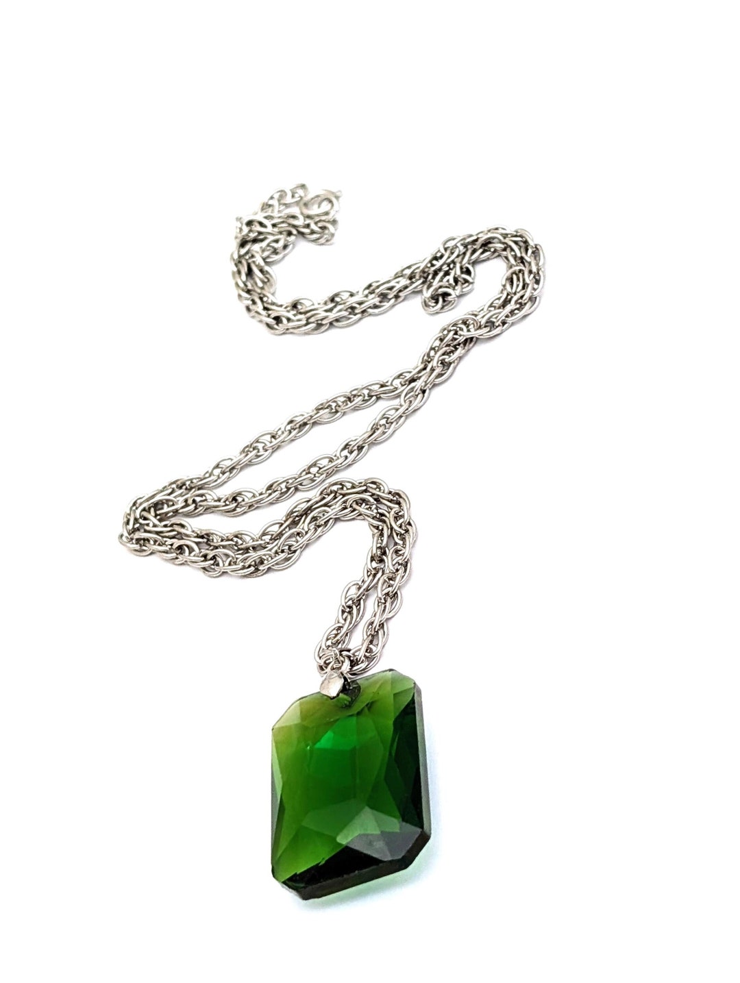 Large Green Glass Rectangular Cut Stone Long Silver Chain Pendant ...