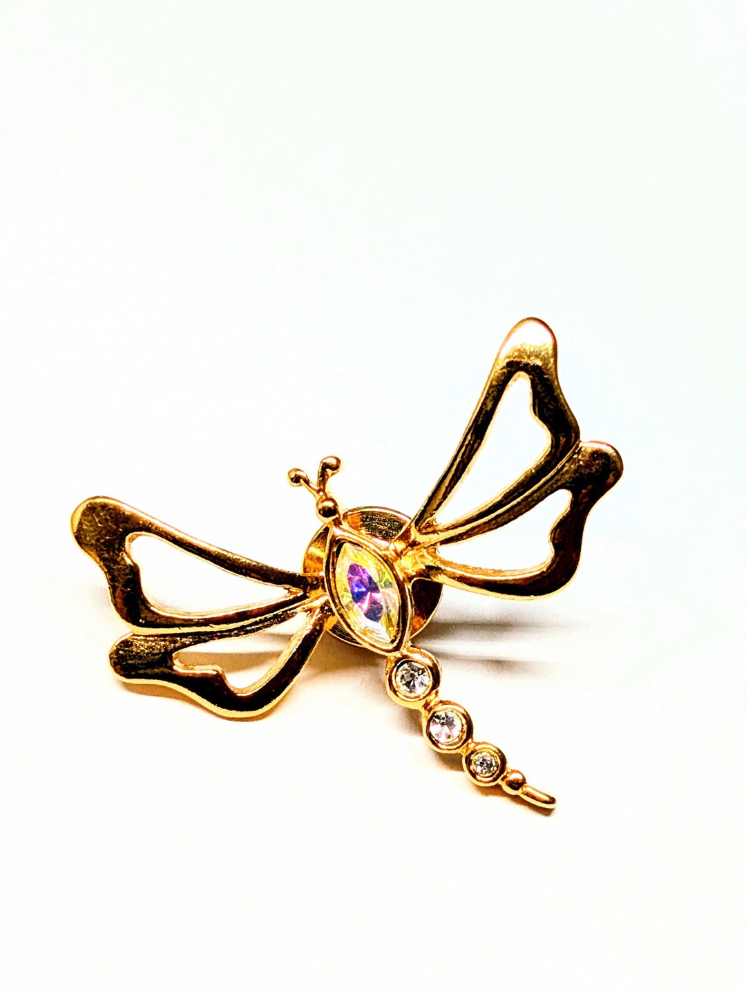 Vintage Avon Gold Tone AB Crystal Dragonfly Brooch Pin, Gold Tone ...