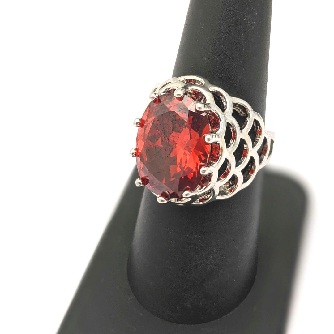 Vintage Red Glass Stone Ring, Sterling Silver Cut Out Filigree - Etsy