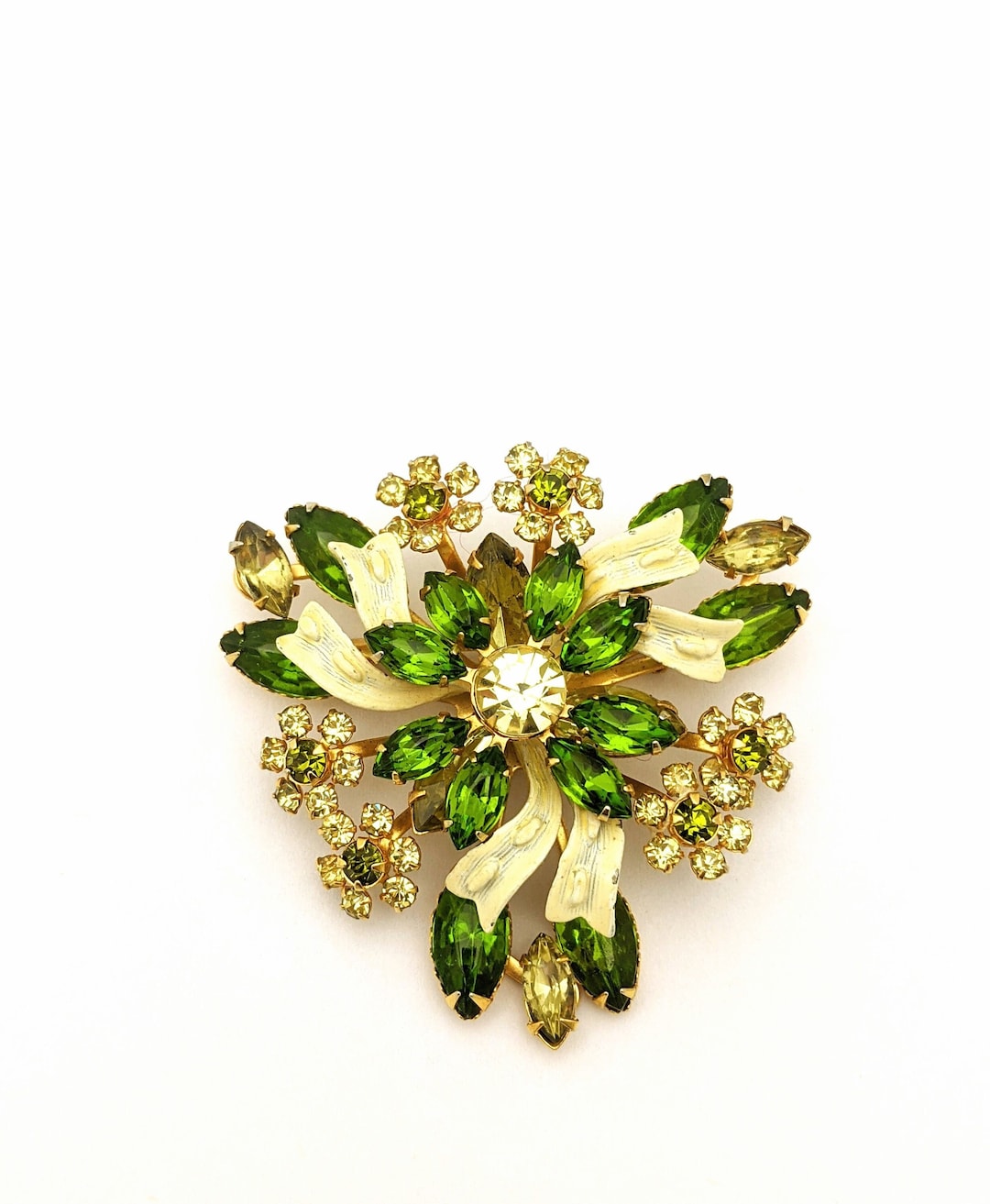 Green Rhinestone Flower Brooch, Vintage Rhinestone Flower Spray Brooch ...