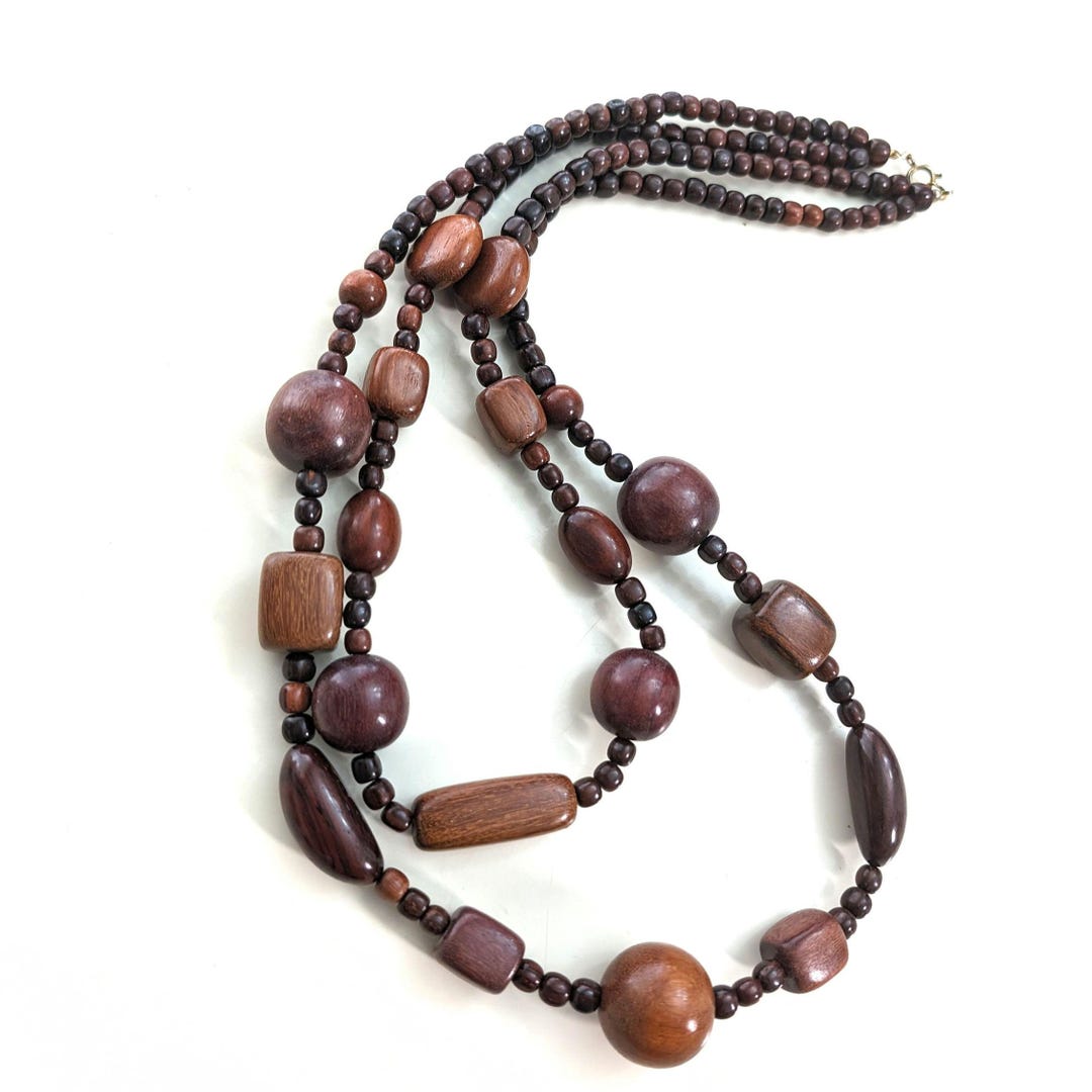 Vintage Multi Strand Long Wood Beads Boho Hippie Necklace, Large Wood ...