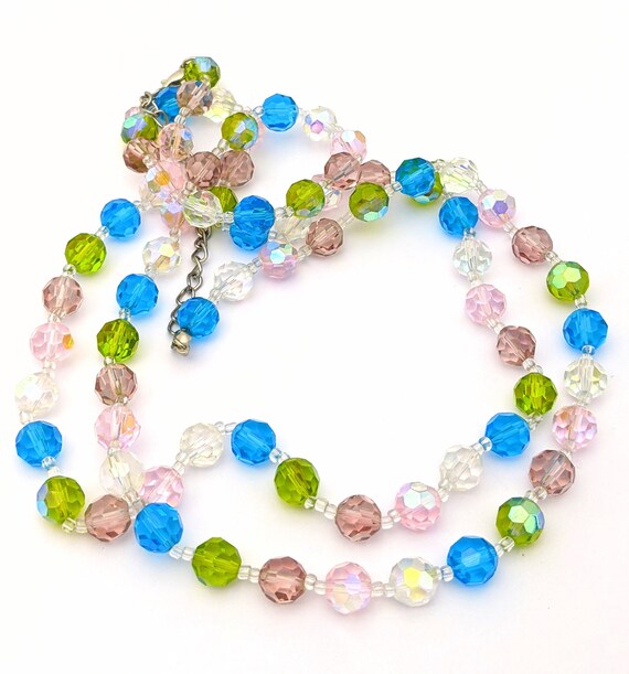 Vintage Pastel Color Glass Bead Necklace, Long AB Cry… - Gem
