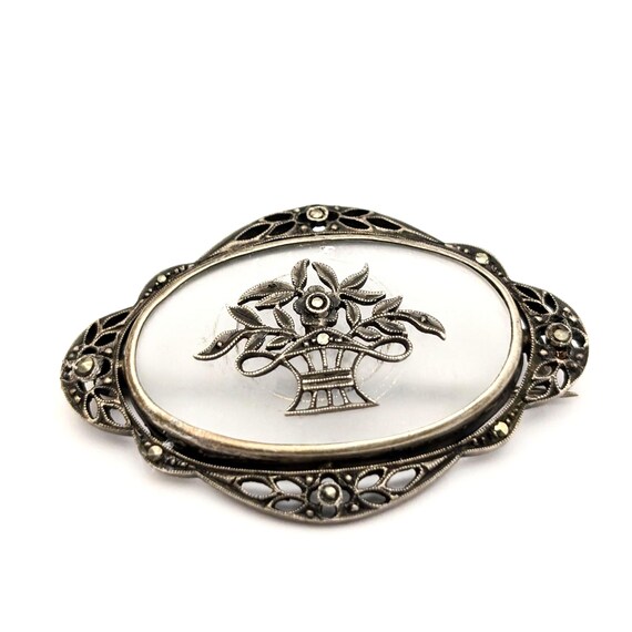 Antique Sterling Silver Camphor Glass Marcasite Brooc… - Gem