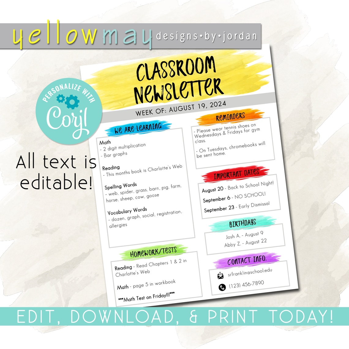 EDITABLE Classroom Newsletter Template, Teacher Newsletter, Class News ...