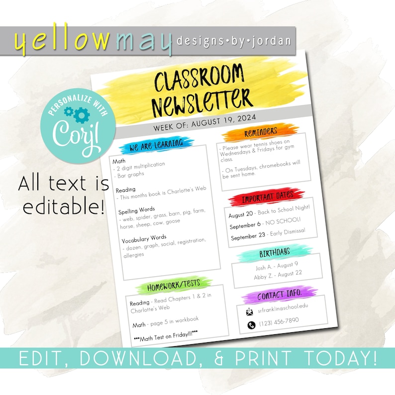 EDITABLE Classroom Newsletter Template, Teacher Newsletter, Class News ...