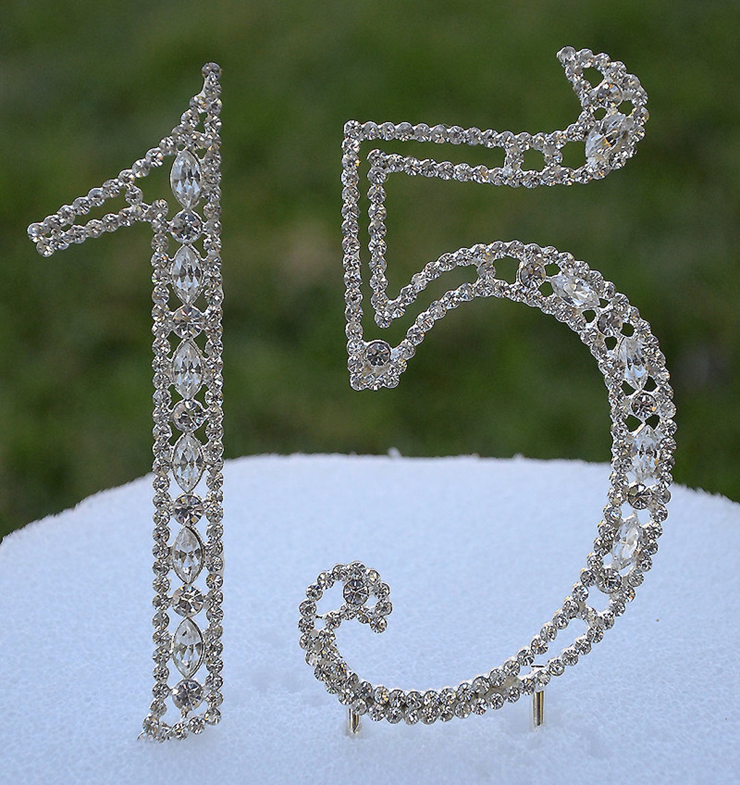 New Large 5 Crystal Rhinestone NUMBER 15 Cake Topper Silver 15th ...