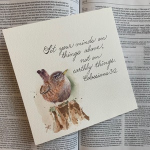 Colossians 3:2 Set Your Minds on Things Above, Original Watercolor Wren ...