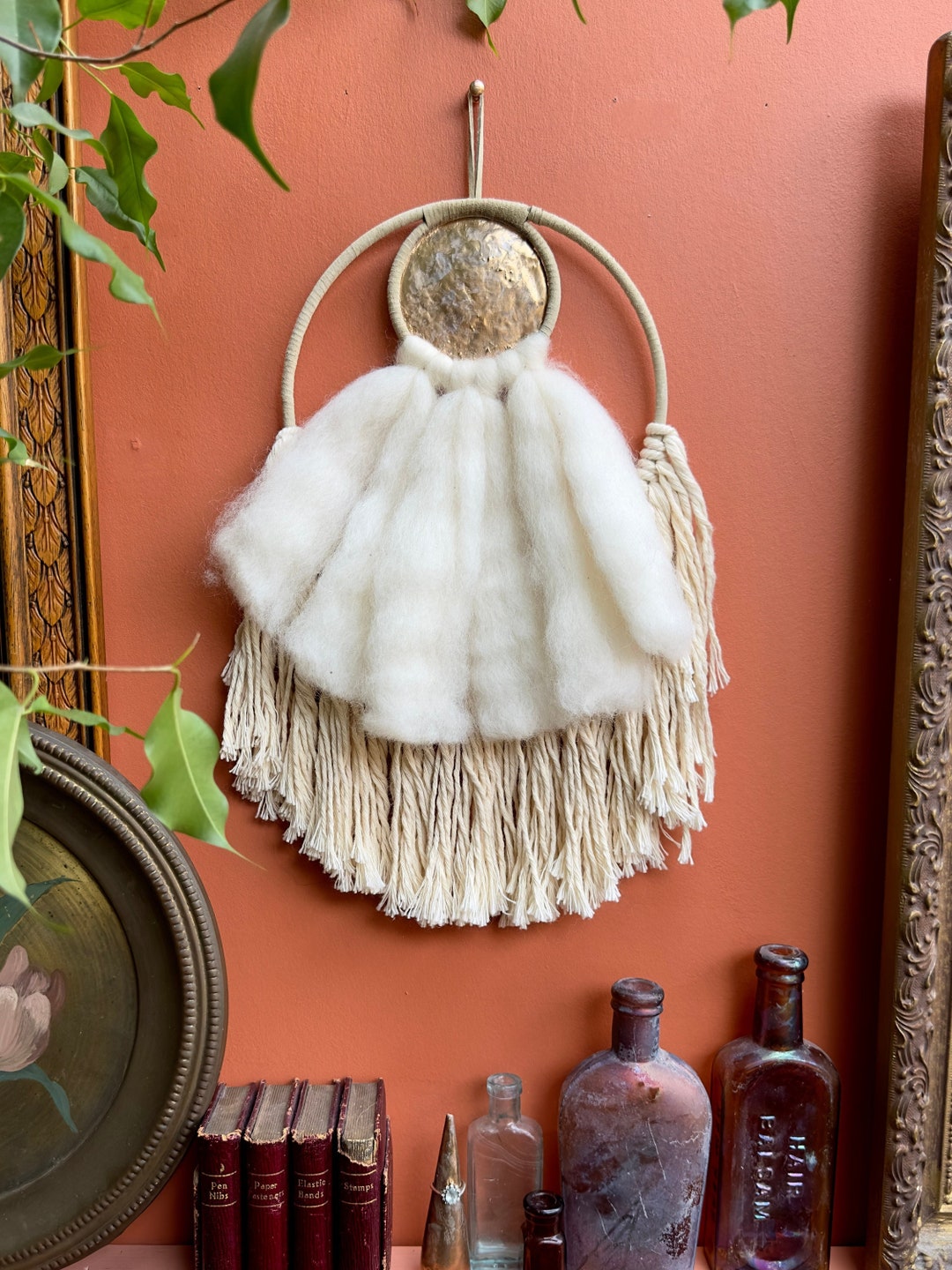 White & Gold Textured Wall Hanging / Suede, Macrame, Wool Roving, Hand ...