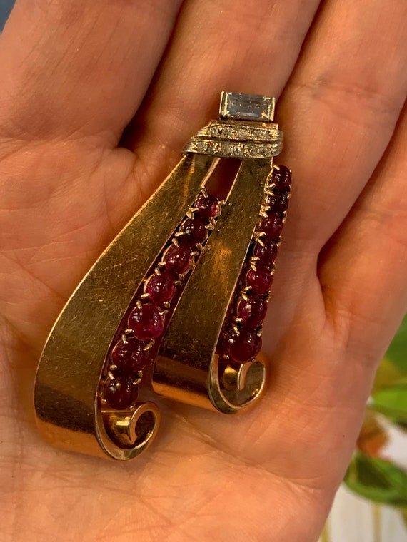 Retro Ruby Pin, Ruby Ribbon Pin, Gold Ribbon Brooch, … - Gem