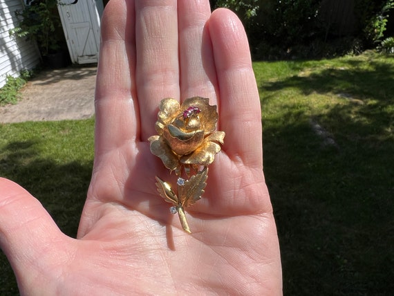 Gold Rose Brooch, Rose Pin, Ruby Rose Pin, Diamond Fl… - Gem