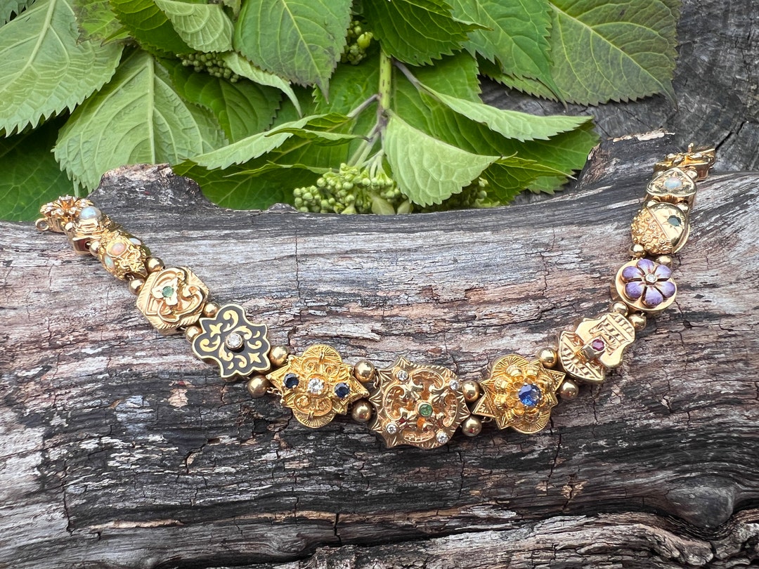 Yellow Gold Slide Bracelet, Multi Stone Charm Bracelet, Yellow Gold ...