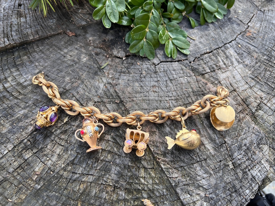 18K Yellow Gold Multi Stone Charm Bracelet , Large Charm Bracelet ...