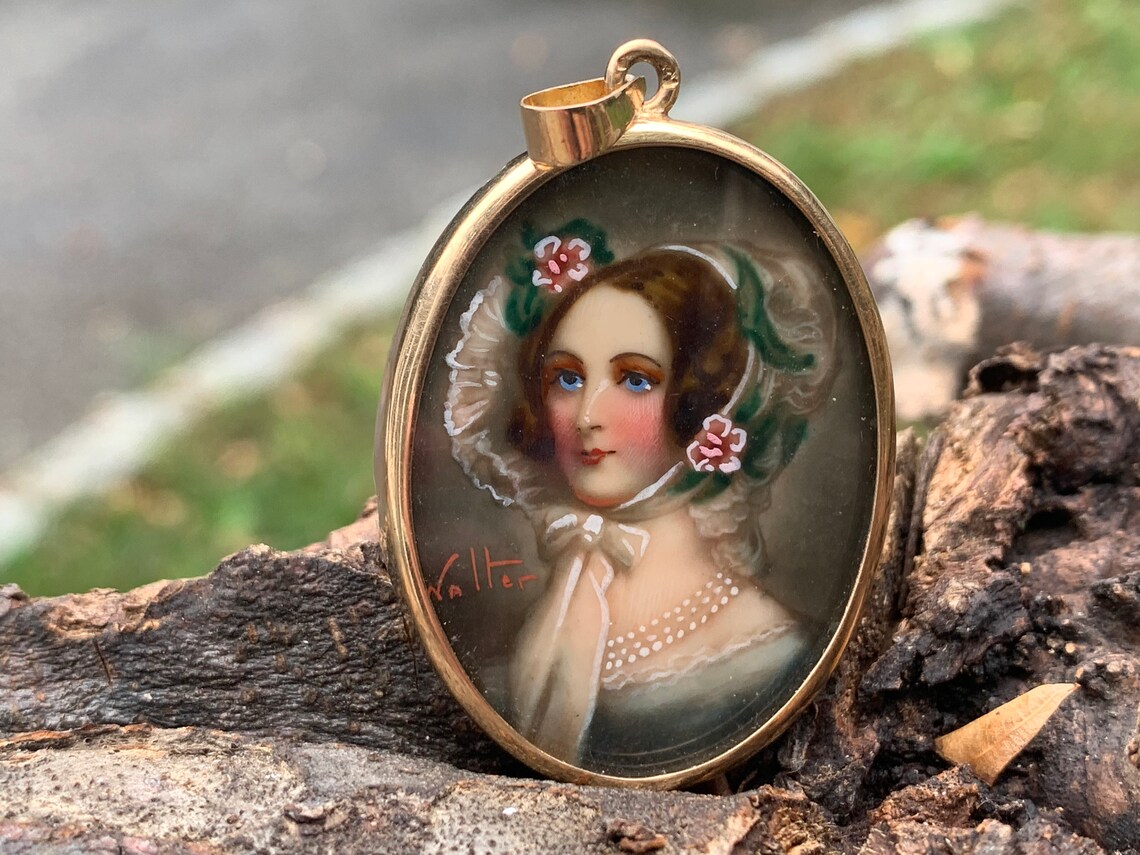 Victorian Portrait Pendant Hand Painted Pendant Antique Gold - Etsy