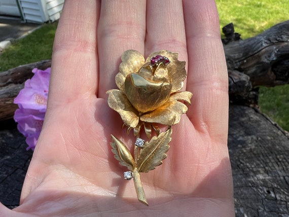 Gold Rose Brooch, Rose Pin, Ruby Rose Pin, Diamond Fl… - Gem