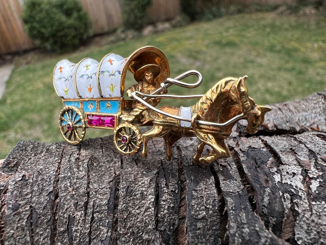 Gold Horse Drawn Carriage Pin, Enamel Covered Wagon, Stagecoach Brooch ...