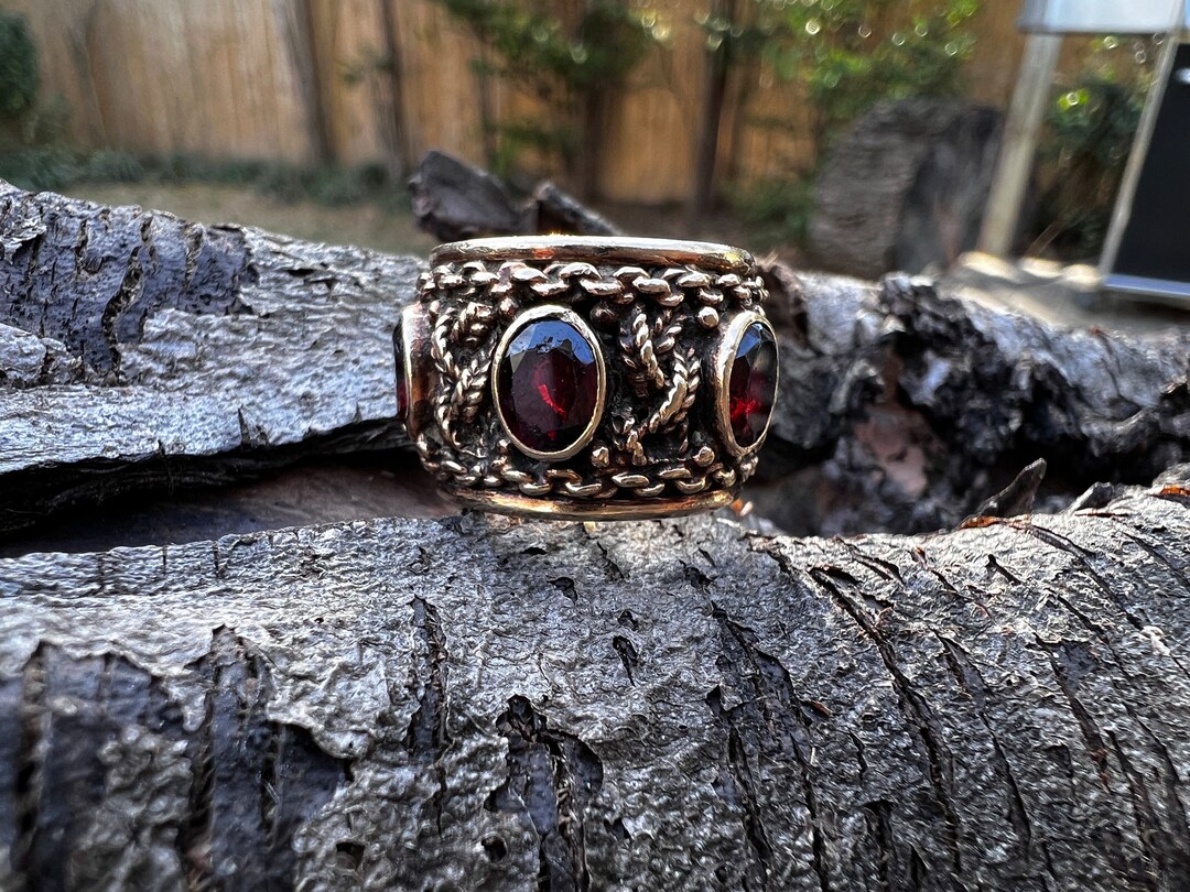 Wide Gold Garnet Band, Garnet Wedding Band, Wide Garnet Band, Garnet ...