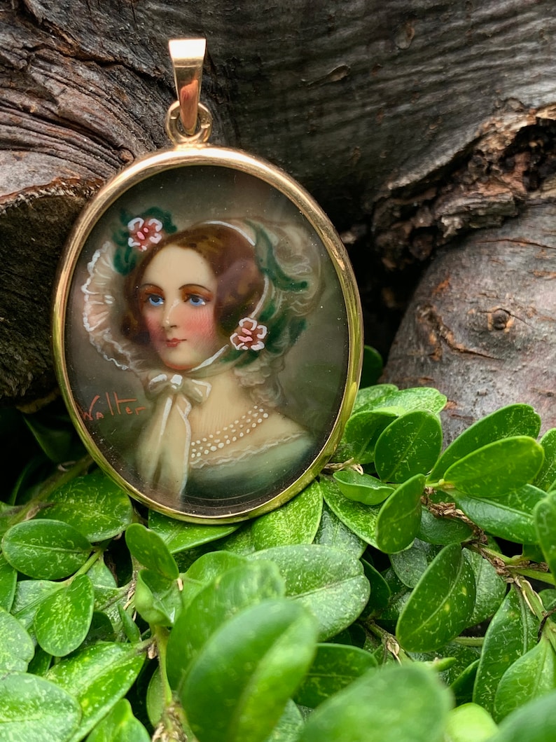 Victorian Portrait Pendant Hand Painted Pendant Antique Gold - Etsy