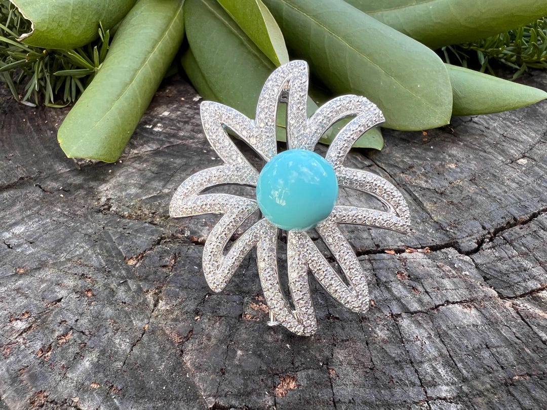 Turquoise Sunburst Pin, Diamond Starburst Pin, Diamond Brooch, Diamond ...
