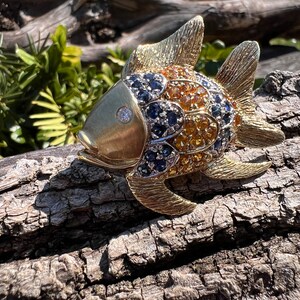 Gold Fish Pin, Sapphire Fish Pin, Gold Fish Brooch, Enamel Fish, Enamel ...
