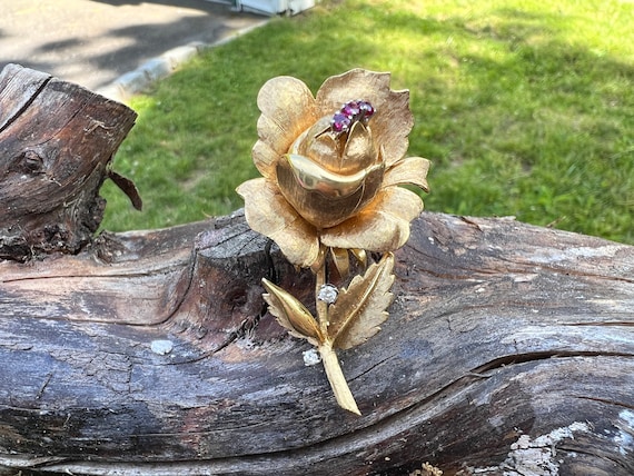 Gold Rose Brooch, Rose Pin, Ruby Rose Pin, Diamond Fl… - Gem