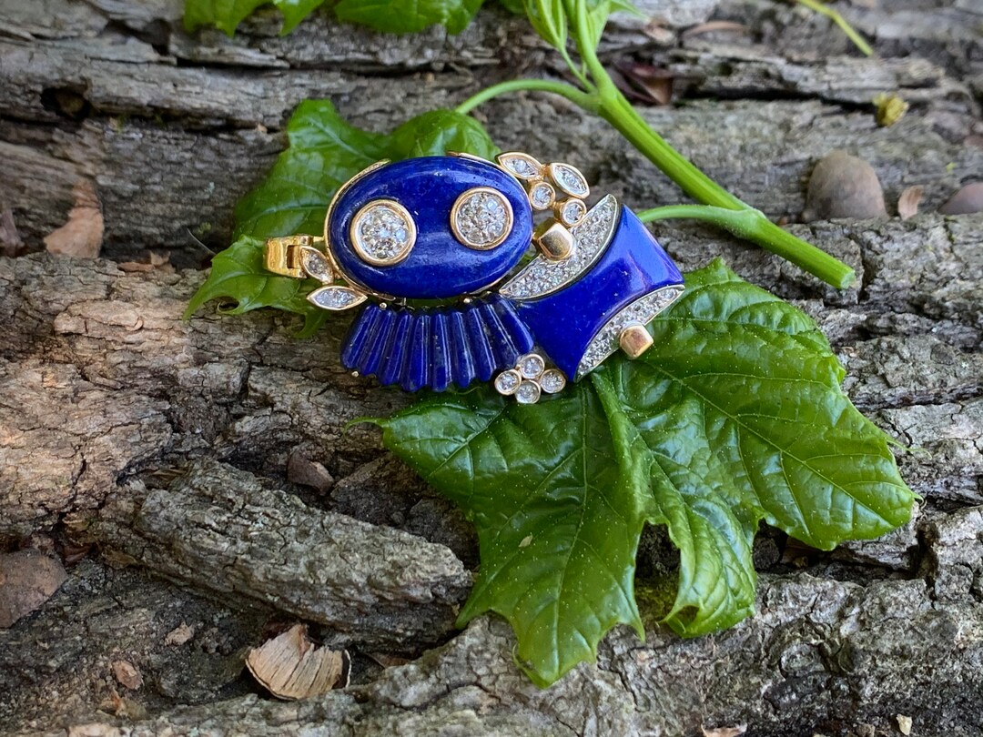 Blue Lapis Slide, Gold and Lapis Brooch, Lapis Pin, Lapis and Diamond ...