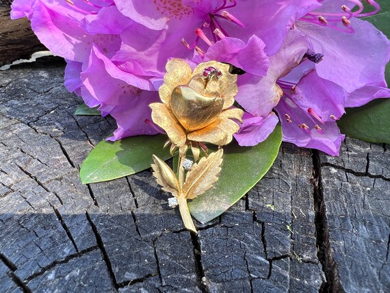 Gold Rose Brooch, Rose Pin, Ruby Rose Pin, Diamond Fl… - Gem