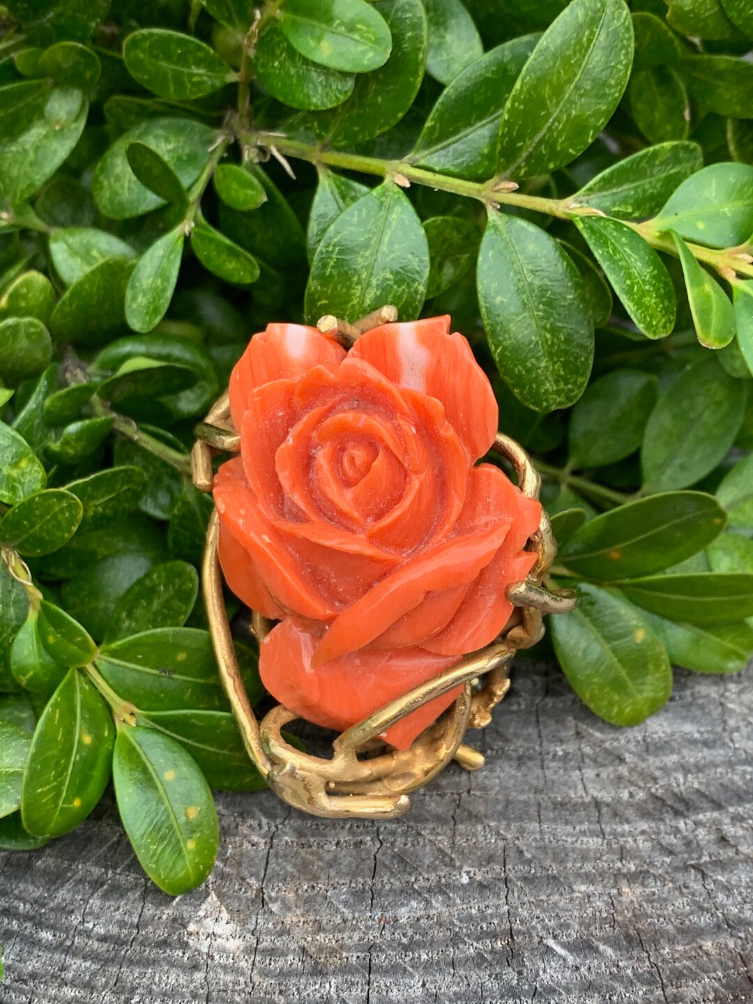 Coral Rosebud Pin, Gold Coral Rose, Craved Coral Rose, Coral Rose ...