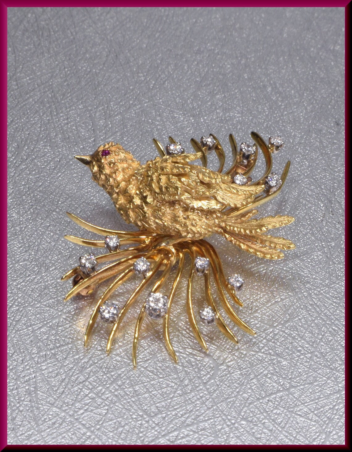 Gold Bird Brooch, Gold Lovebirds Brooch, Lovebirds Brooch, Diamond ...