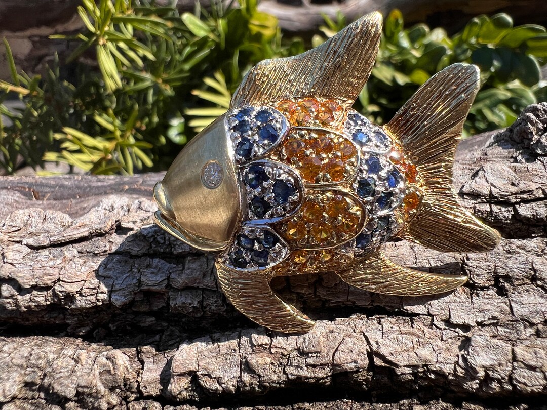 Gold Fish Pin, Sapphire Fish Pin, Gold Fish Brooch, Enamel Fish, Enamel ...
