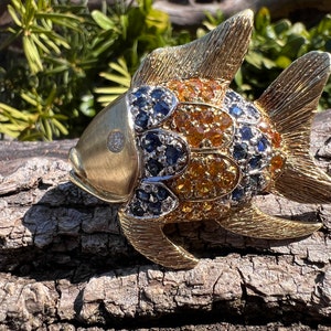 Gold Fish Pin, Sapphire Fish Pin, Gold Fish Brooch, Enamel Fish, Enamel ...