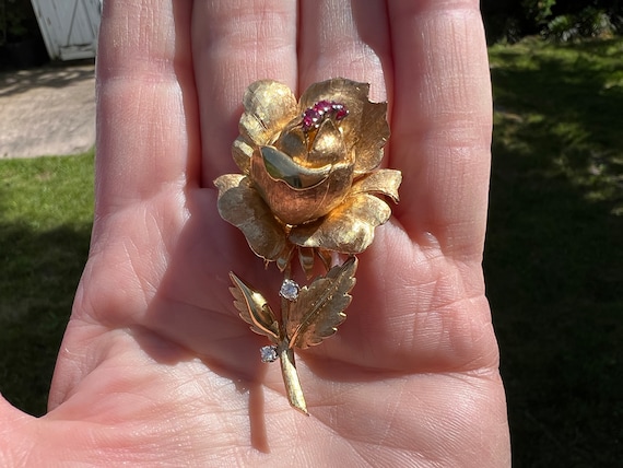 Gold Rose Brooch, Rose Pin, Ruby Rose Pin, Diamond Fl… - Gem