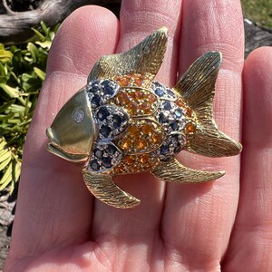 Gold Fish Pin, Sapphire Fish Pin, Gold Fish Brooch, Enamel Fish, Enamel ...