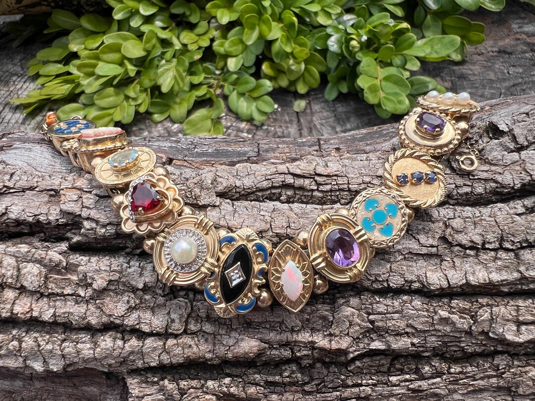 Gold Slide Bracelet, Multi Stone Charm Bracelet, Yellow Gold Charm ...