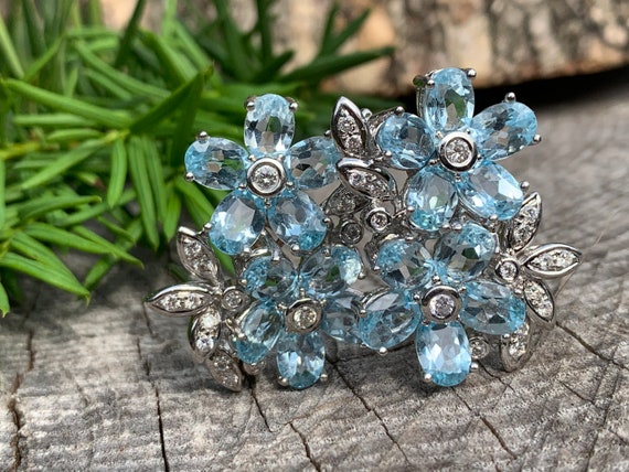Blue Topaz Brooch, Topaz Flower Brooch, Blue Topaz Ea… - Gem