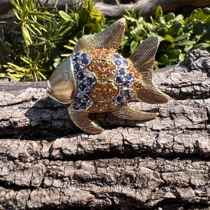 Gold Fish Pin, Sapphire Fish Pin, Gold Fish Brooch, Enamel Fish, Enamel ...