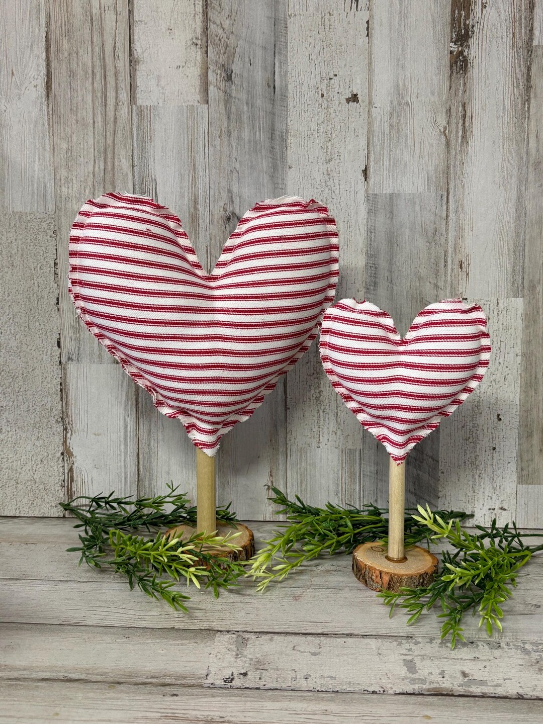 Red Ticking Stuffed Heart Decor / Valentine Mantel Decor / Rustic ...
