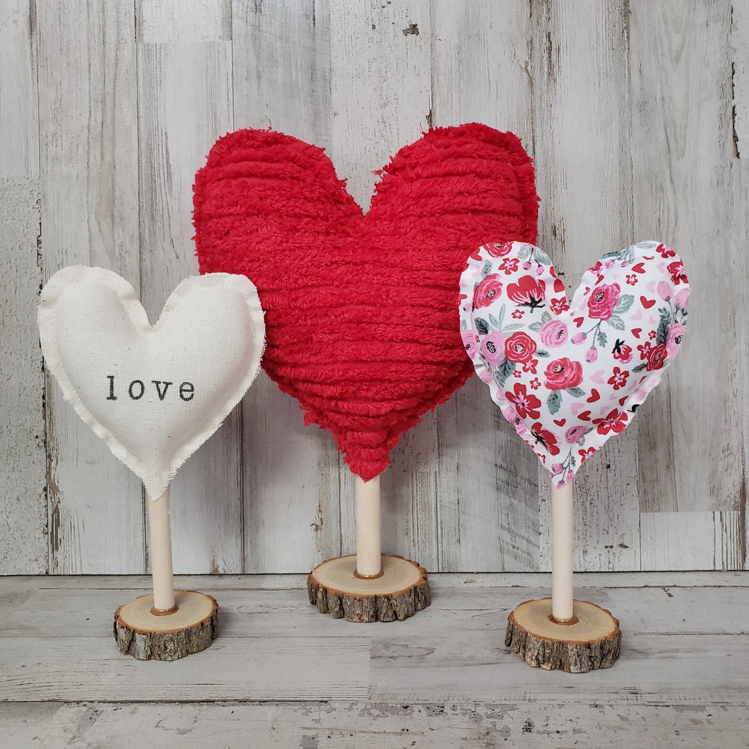 Set of 3 Fabric Hearts on Wooden Stands / Mothers Day Gift / Valentine ...
