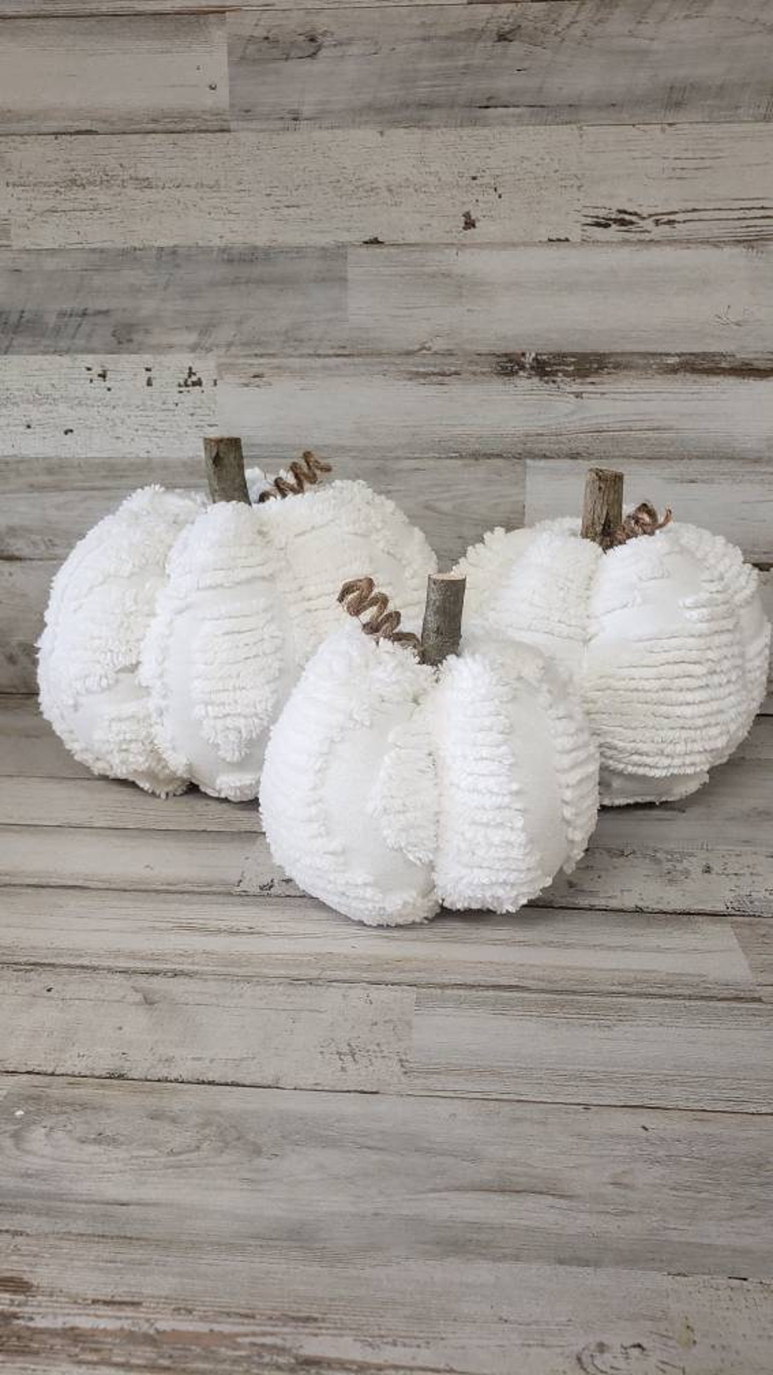 Set of 3 White Chenille Pumpkins Handmade, Rustic Fall Decorations ...