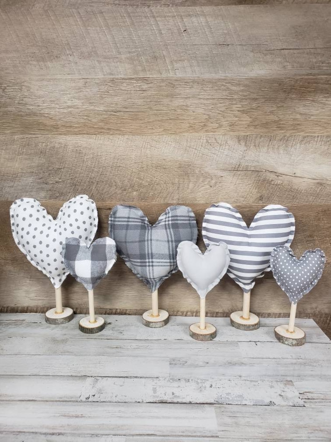 Gray Fabric Hearts on Wooden Stands / Valentine Mantel Decor / Rustic ...