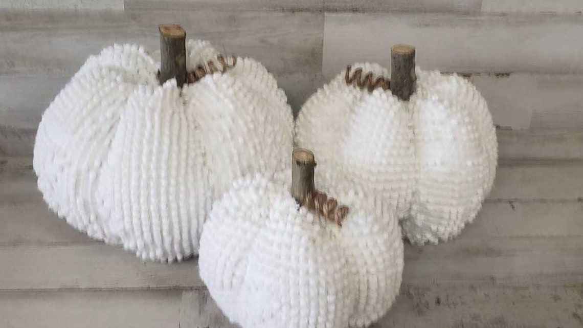 White Chenille Pumpkins Handmade, Rustic Fall Decorations Autumn Decor ...