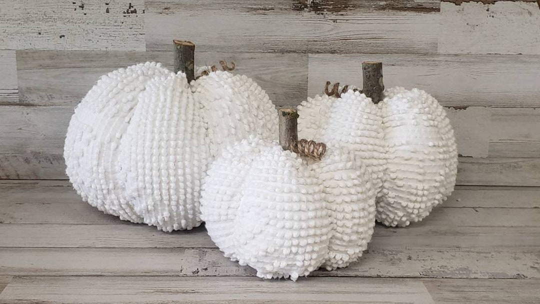 White Chenille Pumpkins Handmade, Rustic Fall Decorations Autumn Decor ...