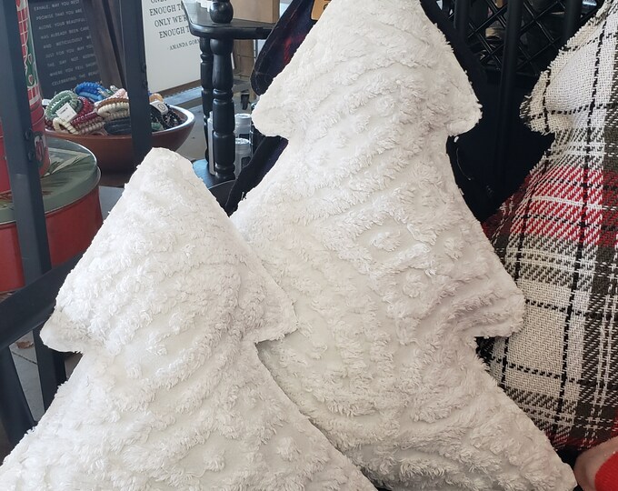 White Chenille Christmas Tree Pillow, Winter Decor, Holiday Decorations ...