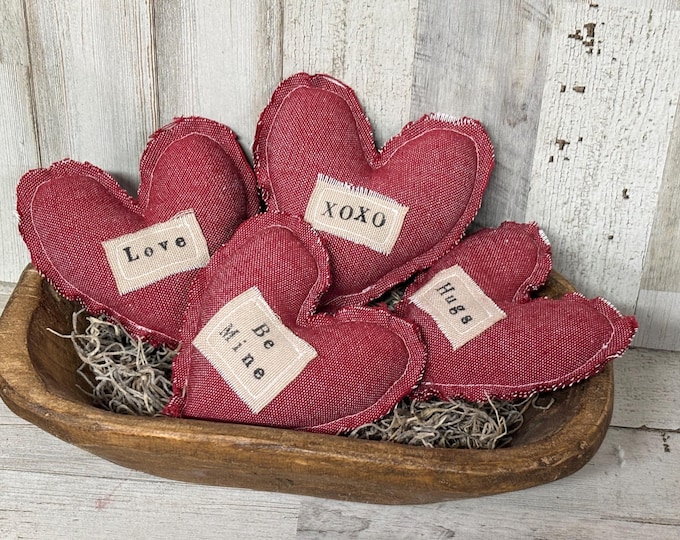 Hand Stamped Fabric Hearts / Valentine Bowl Filler Decor / Rustic ...