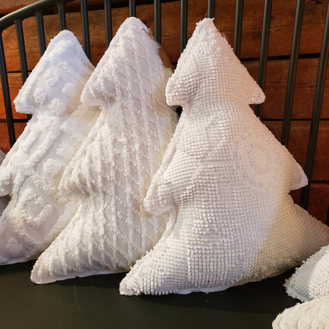 White Chenille Christmas Tree Pillow, Winter Decor, Holiday Decorations ...