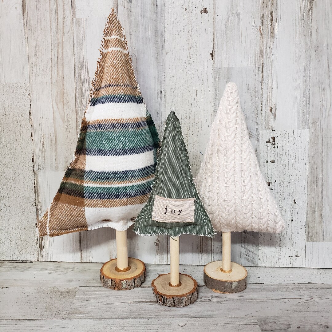 Set of 3 Fabric Christmas Trees, Green Plaid Christmas Tree , Farmhouse ...